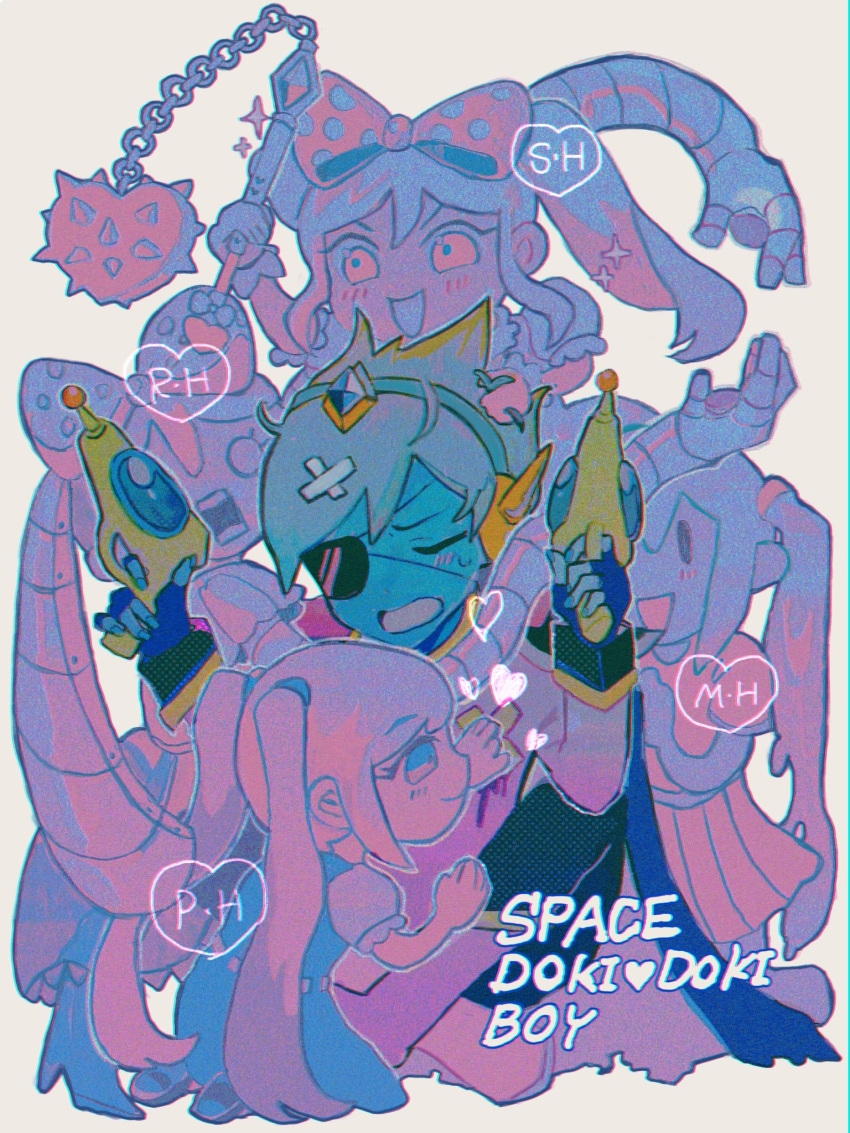 Safebooru - 1boy 4girls black pants black sleeve cuffs blue gloves blue hairband blue skin bow ...