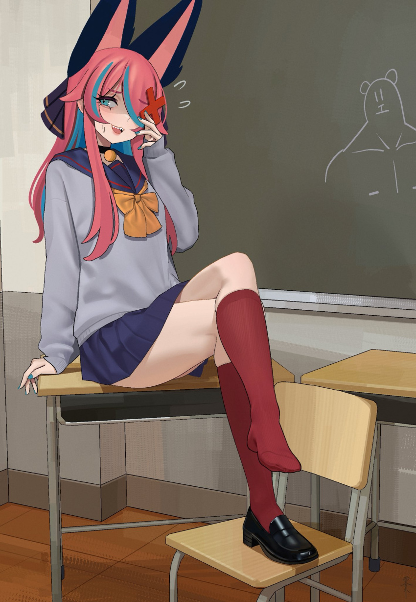 Safebooru - 1girl animal ears ankle socks black choker blue eyes blue hair choker hair over one ...