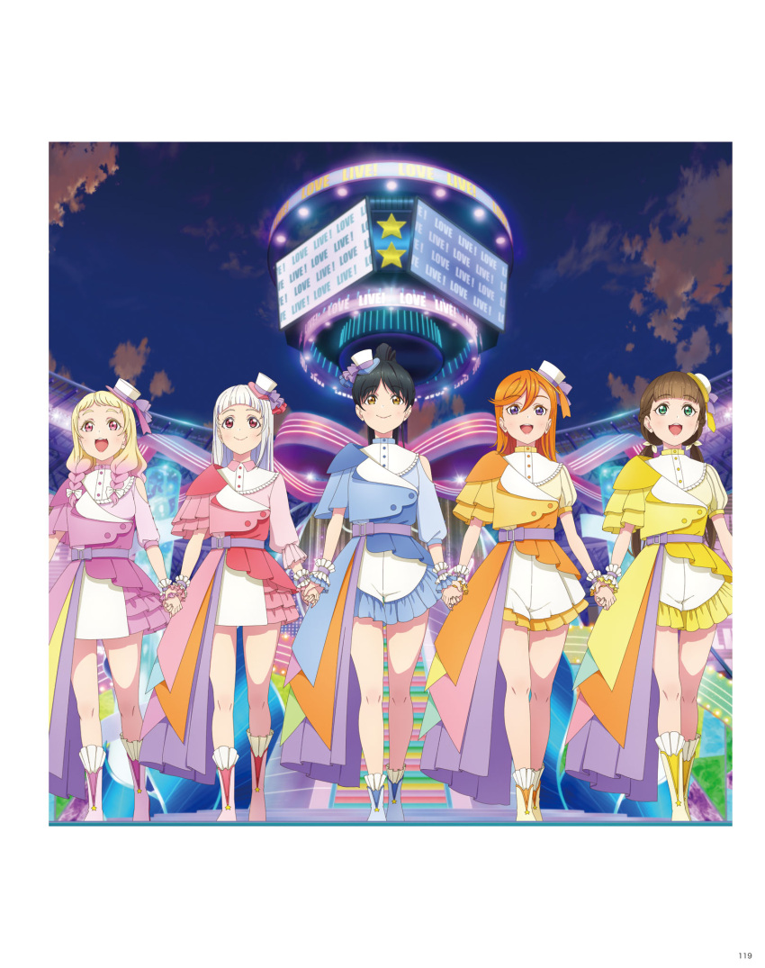 Safebooru - 5girls arashi chisato artbook belt black hair blonde hair boots brown hair dress ...