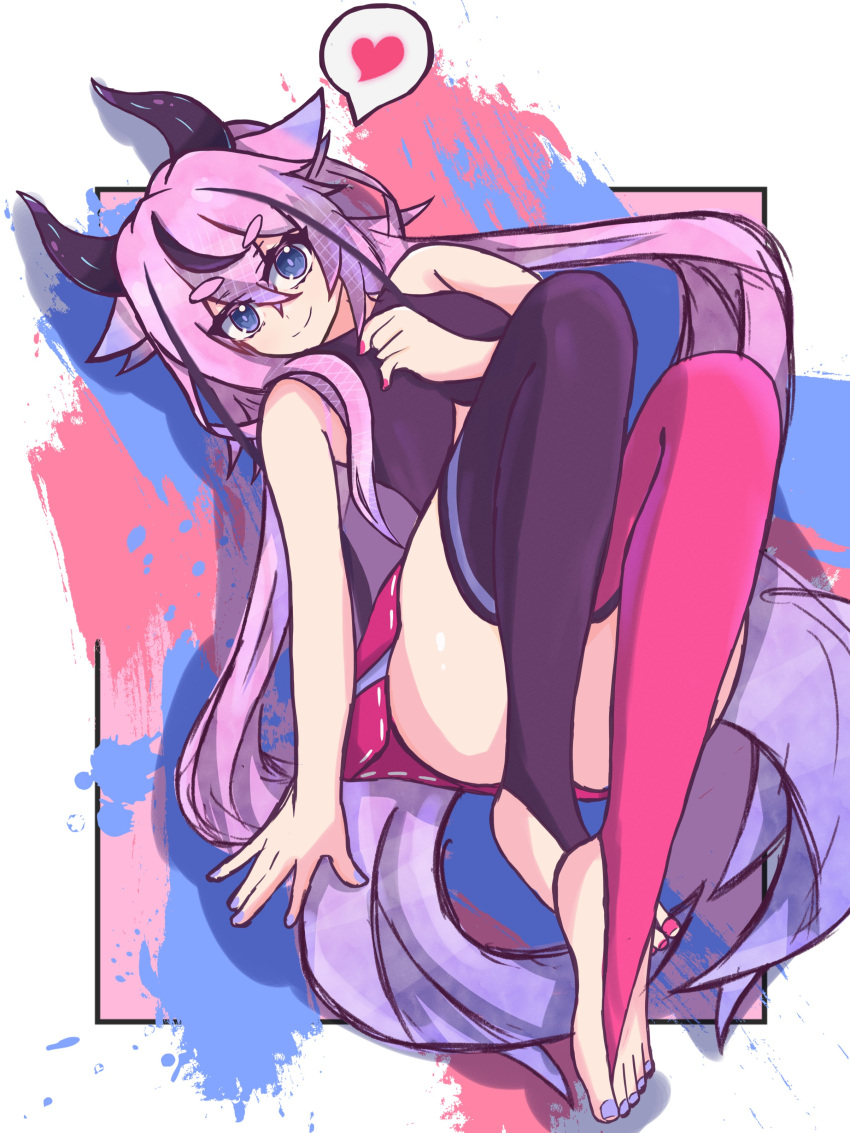 Safebooru - 1girl 1other absurdres ahoge asymmetrical legwear bare shoulders barefoot blue eyes ...