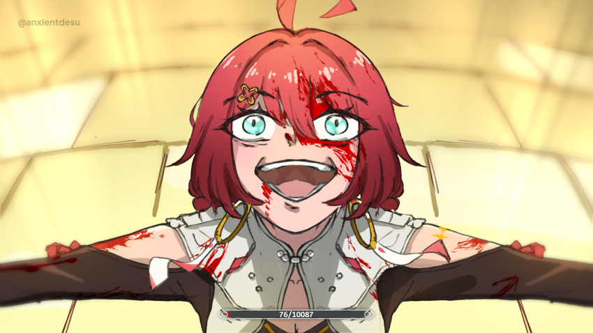 Safebooru - 1girl anxient blood blood on clothes blood on face blue eyes clothing cutout ...