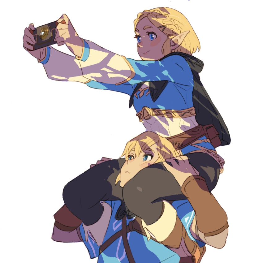 Safebooru - 1boy 1girl 55bata6rou black pants blonde hair blue eyes blue shirt blue tunic boots ...