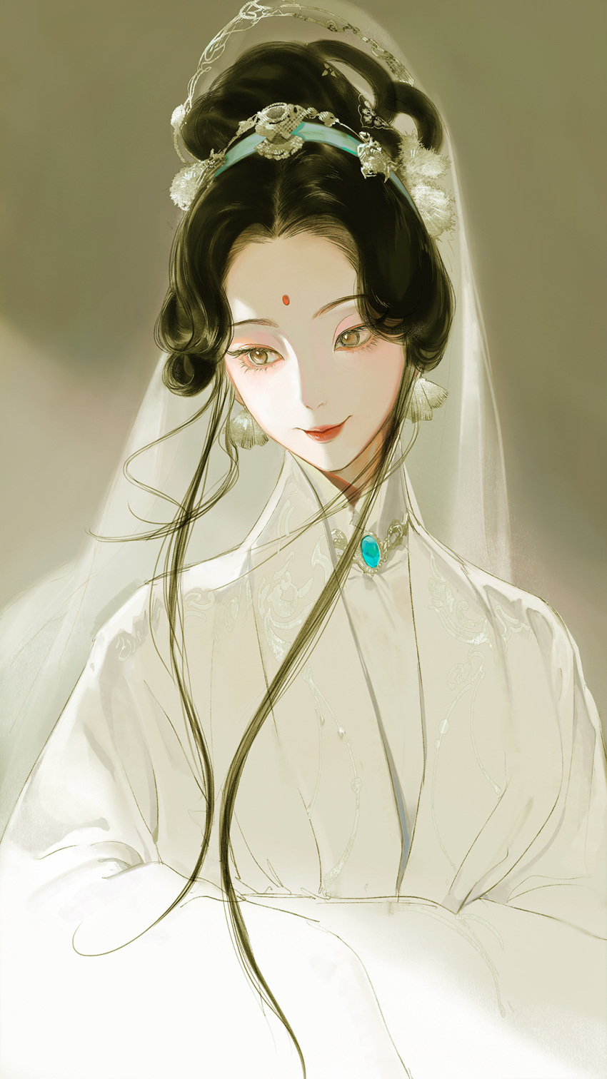 Safebooru - 1girl black hair blue hairband bridal veil bride brown ...