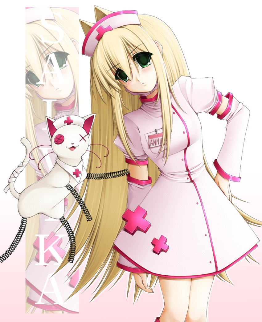 Safebooru - 1girl 2000s (style) annika (ponymoe) blonde hair blush cat closed mouth dress faux ...