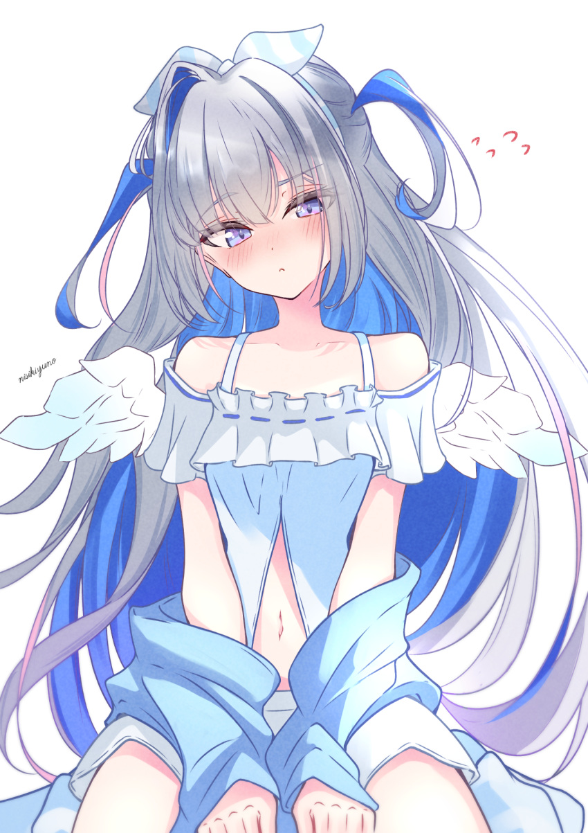 Safebooru - 1girl alternate costume amane kanata angel angel wings blue cardigan blue hair blue ...