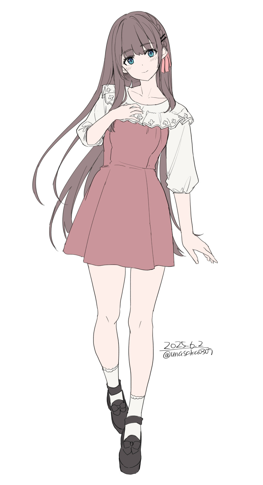 Safebooru - 1girl absurdres blue eyes breasts brown hair dress hair ornament hair ribbon highres ...