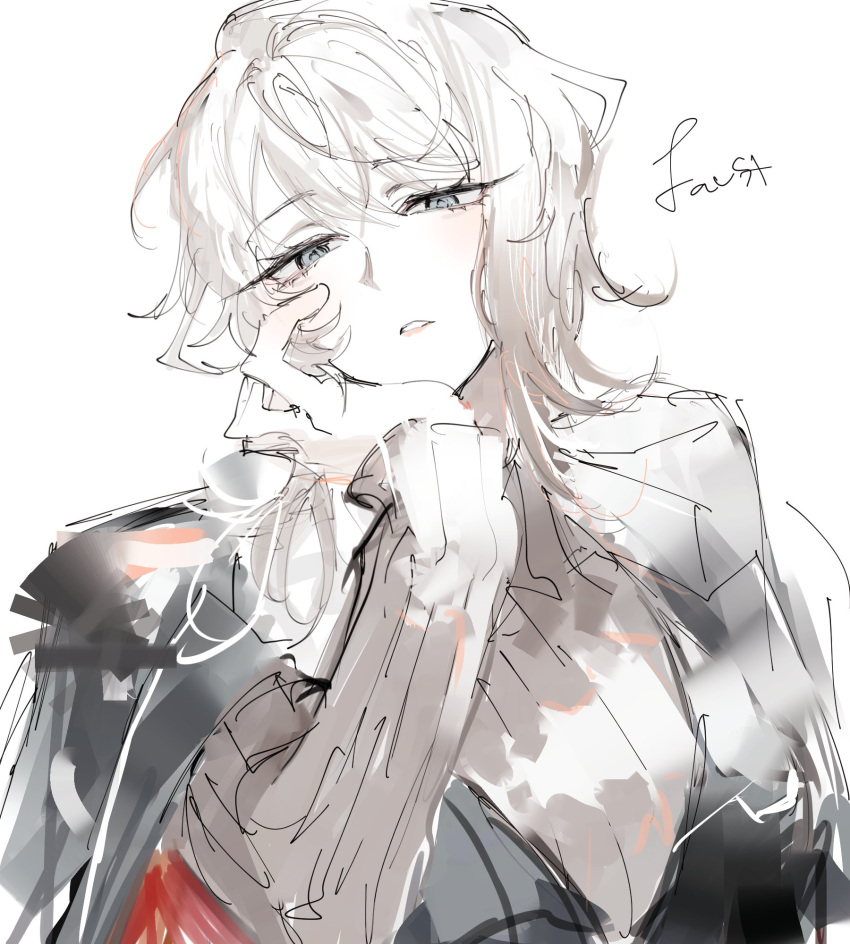 Safebooru - 1girl black coat black vest blue eyes character name coat coat on shoulders faust ...