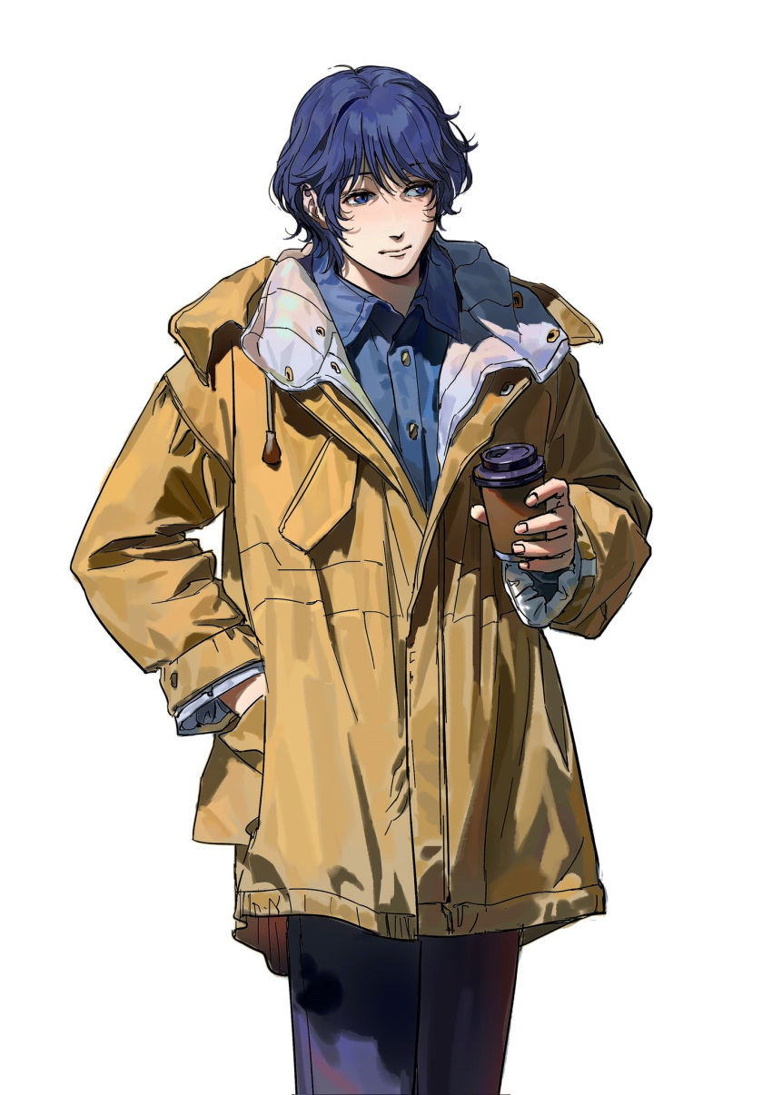 Safebooru - 1boy blue eyes blue hair blue pants blue shirt brown coat buttons closed mouth coat ...