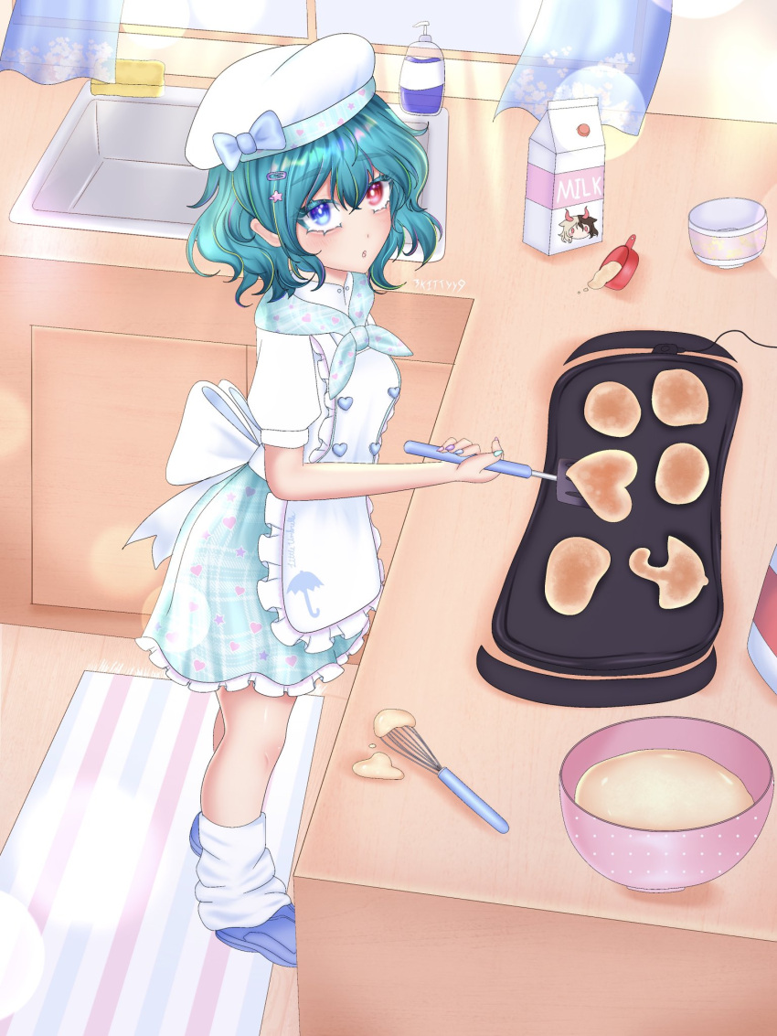 Safebooru - 1girl alternate costume apron blue eyes blue hair blue shoes bottle carpet ...