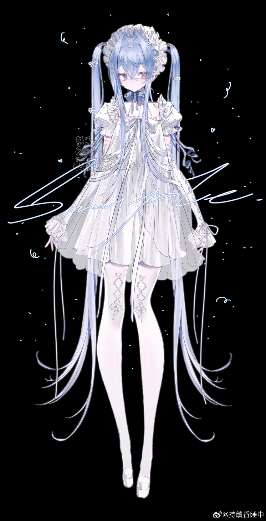 Safebooru - 1girl absurdly long hair absurdres black background blue hair dress drowsyww frills ...