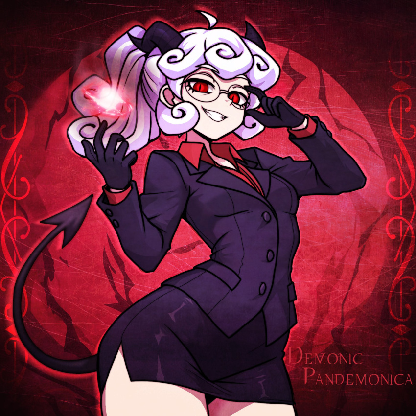Safebooru - 1girl adjusting eyewear black gloves black horns black skirt black tail breasts ...