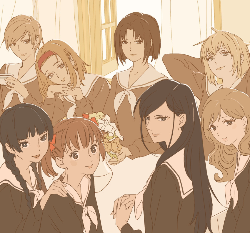 Safebooru - 55bata6rou 6+girls arms behind head arms up black eyes black hair black shirt blonde ...