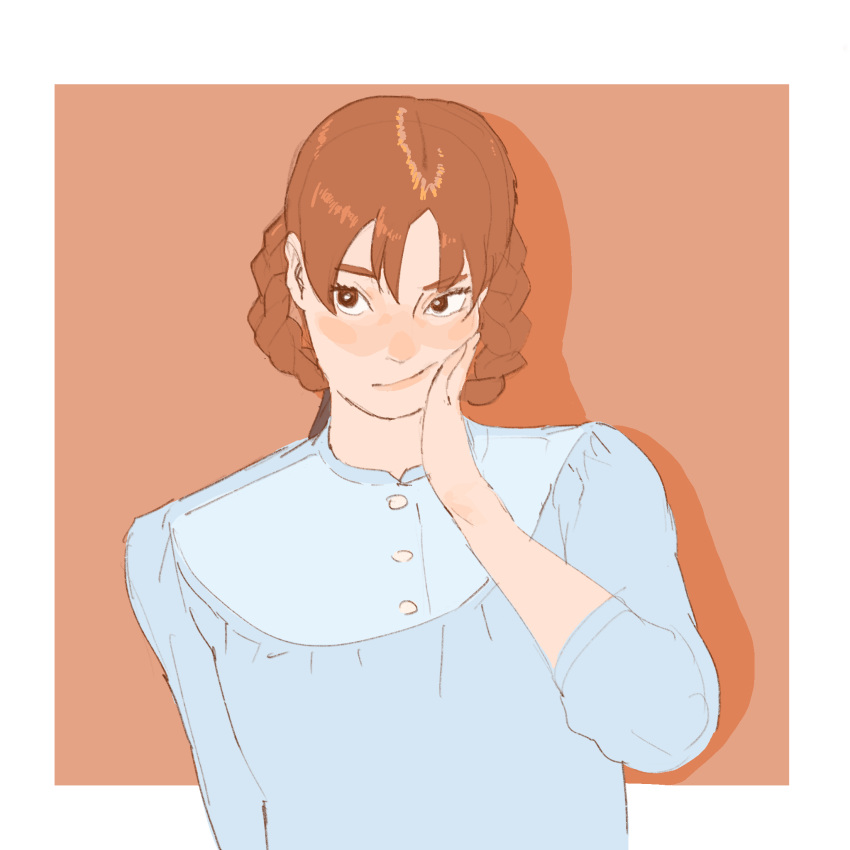 Safebooru - 1girl 55bata6rou border braid brown eyes brown hair cheek press closed mouth drop ...