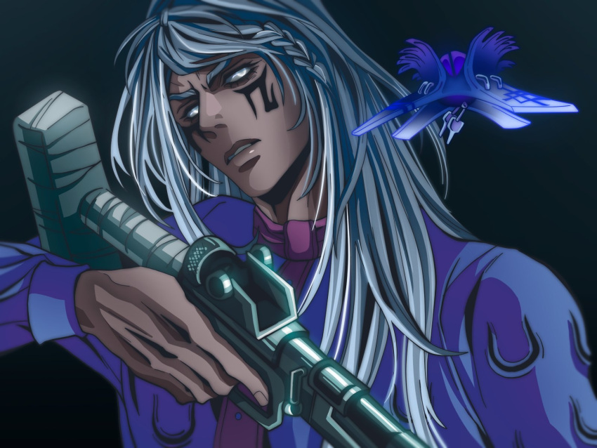 Safebooru - 1boy blank eyes blind braid cane facial mark gun highres ...