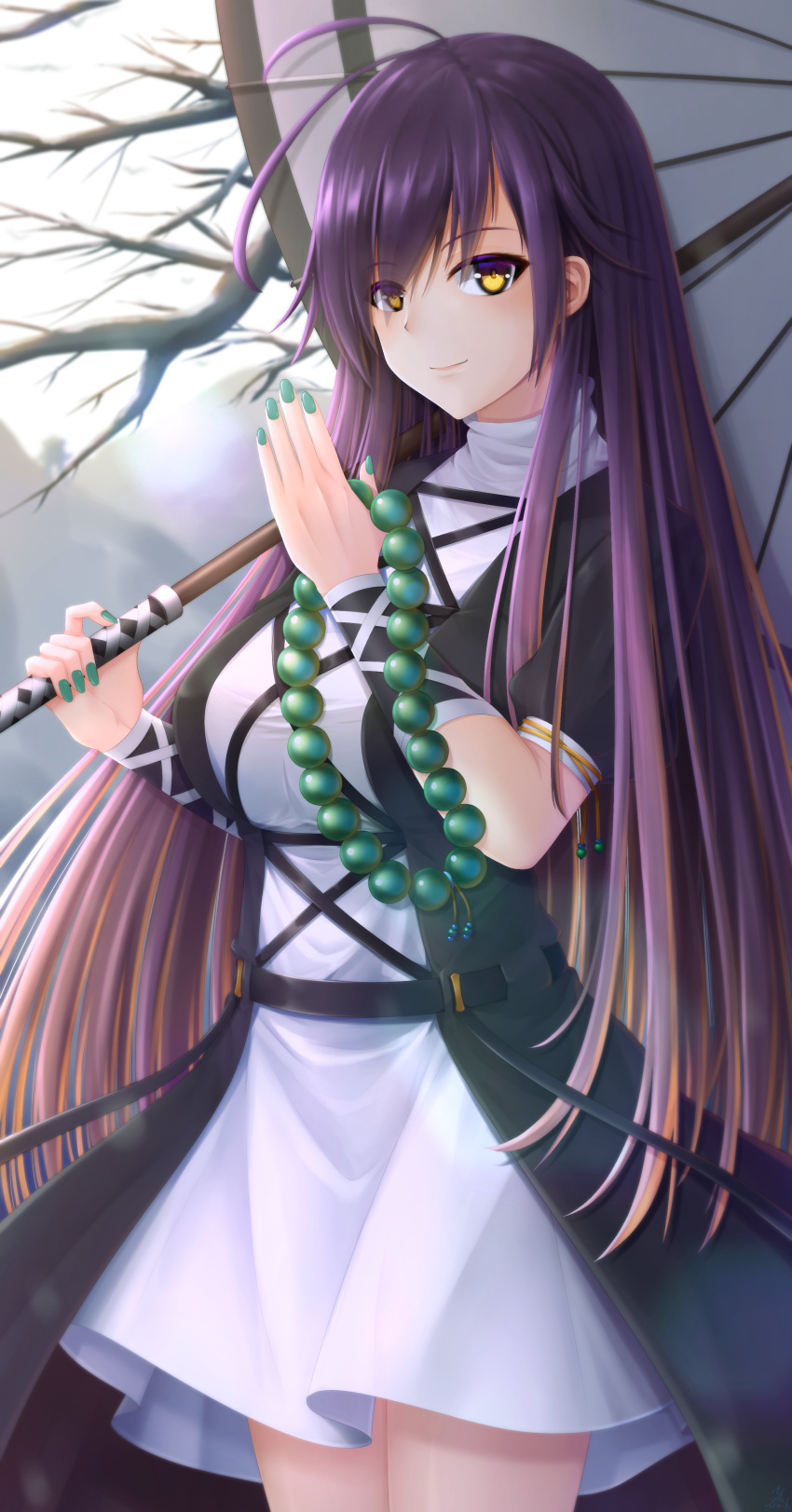 Safebooru - 1girl absurdres bead necklace beads breasts dress gradient hair green nails highres ...