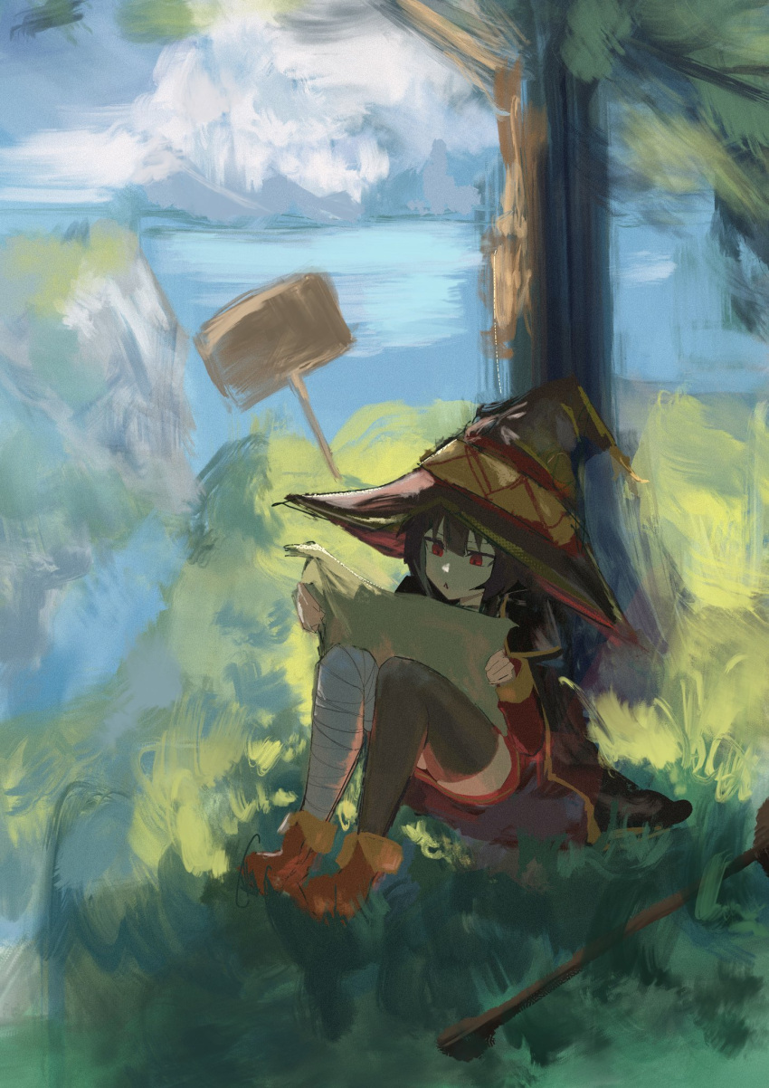 Safebooru - 1girl bandaged leg bandages black hair cape clouds cloudy sky dress grass hat ...