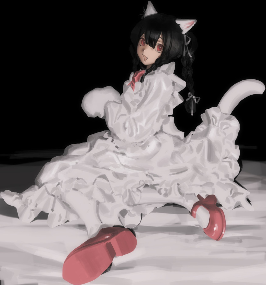 Safebooru - 1girl :3 animal ears black background black hair cat ears cat girl cat tail dress ...