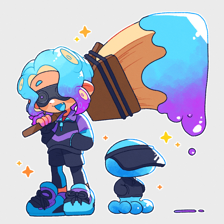 Safebooru - 1boy 1other black jacket black leggings blue hair blue jacket blue shoes blue tongue ...