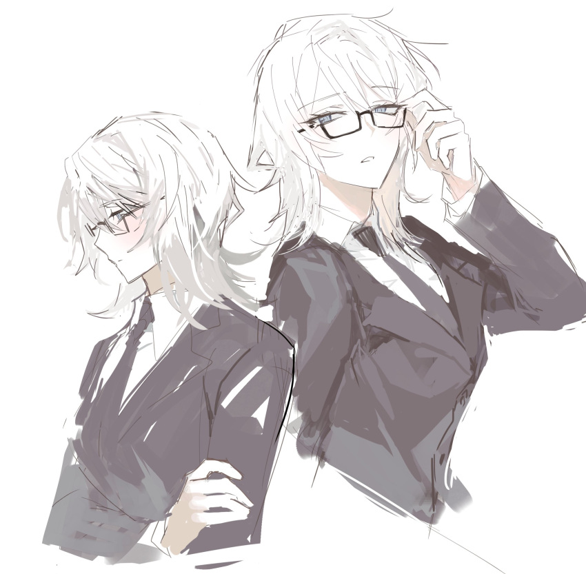 Safebooru - 1girl adjusting eyewear black-framed eyewear black jacket black necktie blue eyes ...