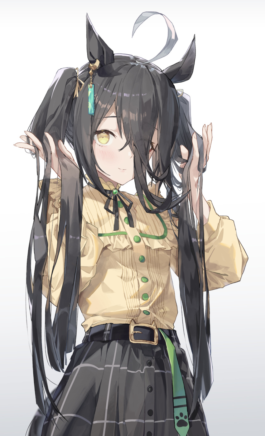 Safebooru - 1girl ahoge alternate hairstyle amano kokoko animal ears black hair black skirt eyes ...