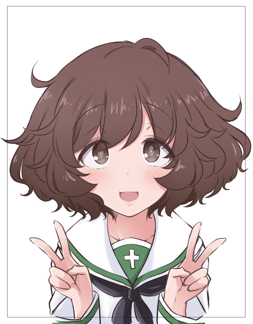 Safebooru - 1girl akiyama yukari black ribbon brown eyes brown hair girls und panzer hands up ...