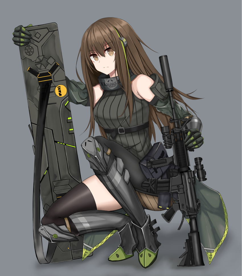 Safebooru Armored Boots Armored Gloves Assault Rifle Boots Brown Eyes 1864