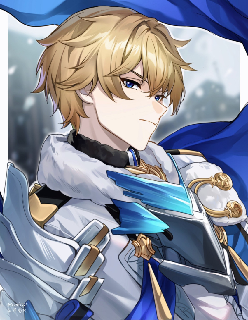 Safebooru - 1boy @ (symbol) blonde hair blue cape blue eyes cape chinese commentary closed mouth ...