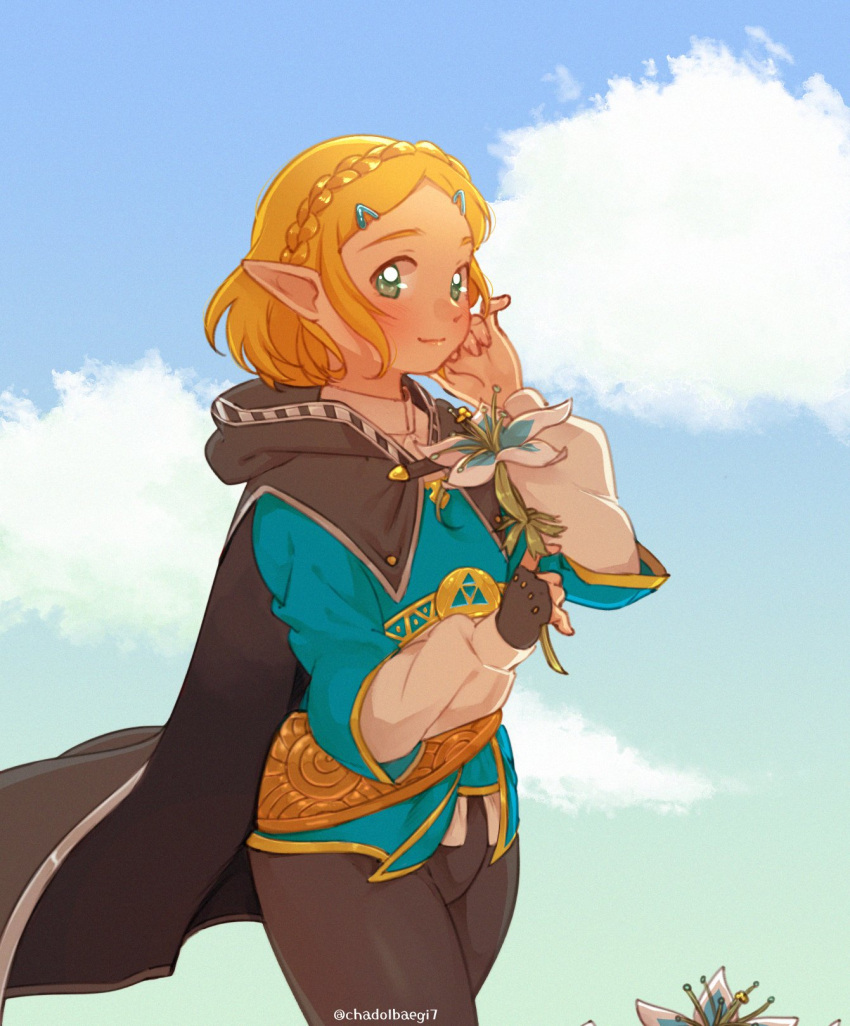 Safebooru - 1girl artist name blonde hair blue eyes blue sky blush braid cape chadolbaegi clouds ...