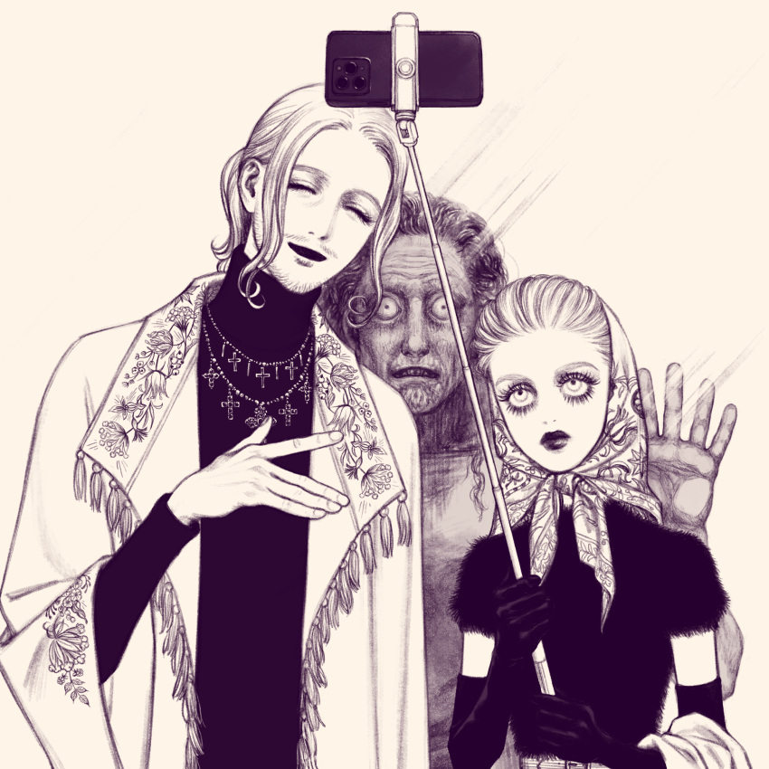 Safebooru - 1girl 2boys bella scottland black gloves black shirt closed eyes cross facial hair ...