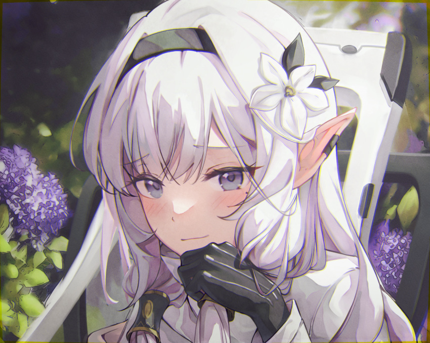 Safebooru - 1girl black gloves black hairband blue archive blue eyes blurry blush chair closed ...