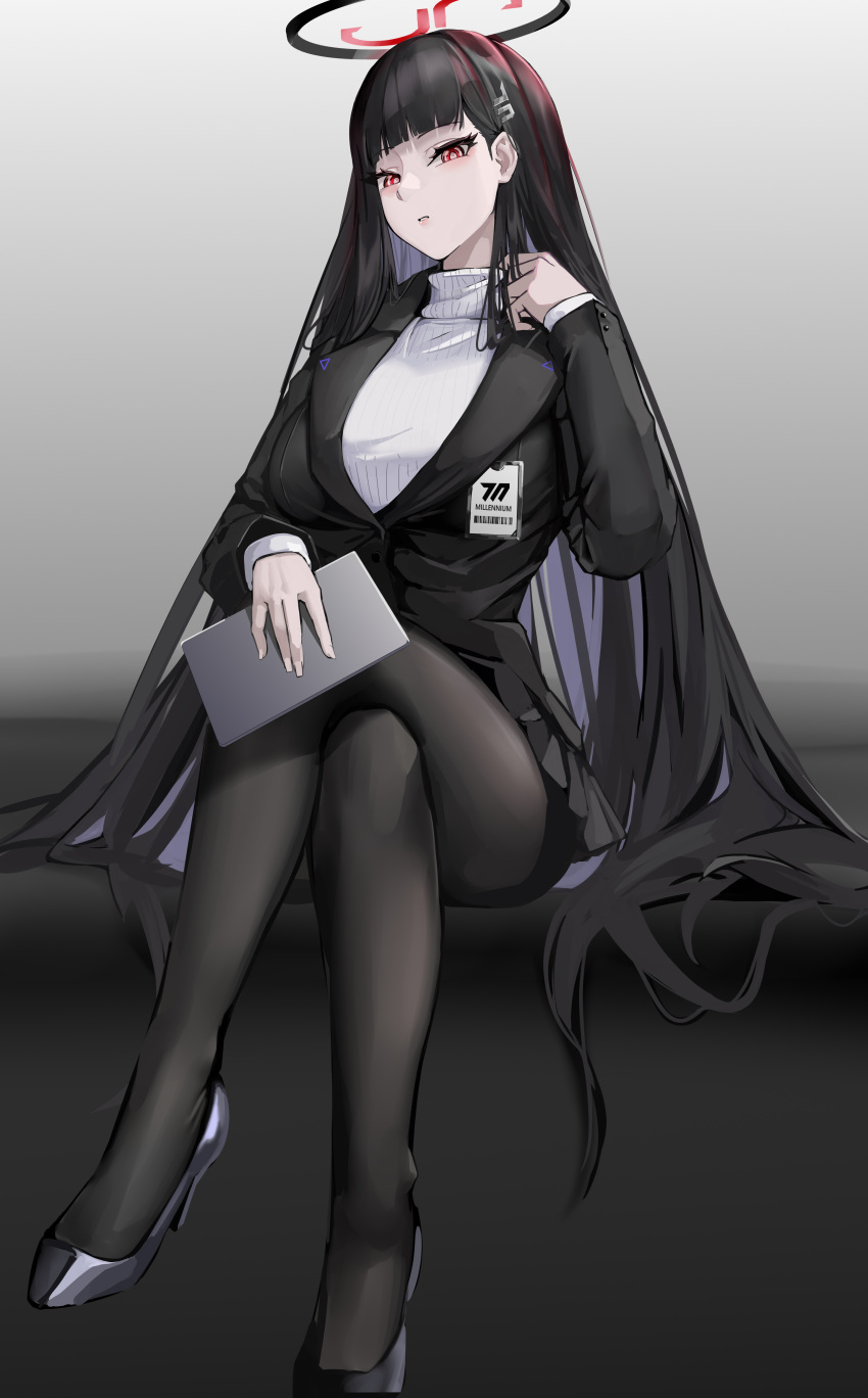 Safebooru - 1girl absurdres black footwear black hair black pantyhose black skirt black suit ...