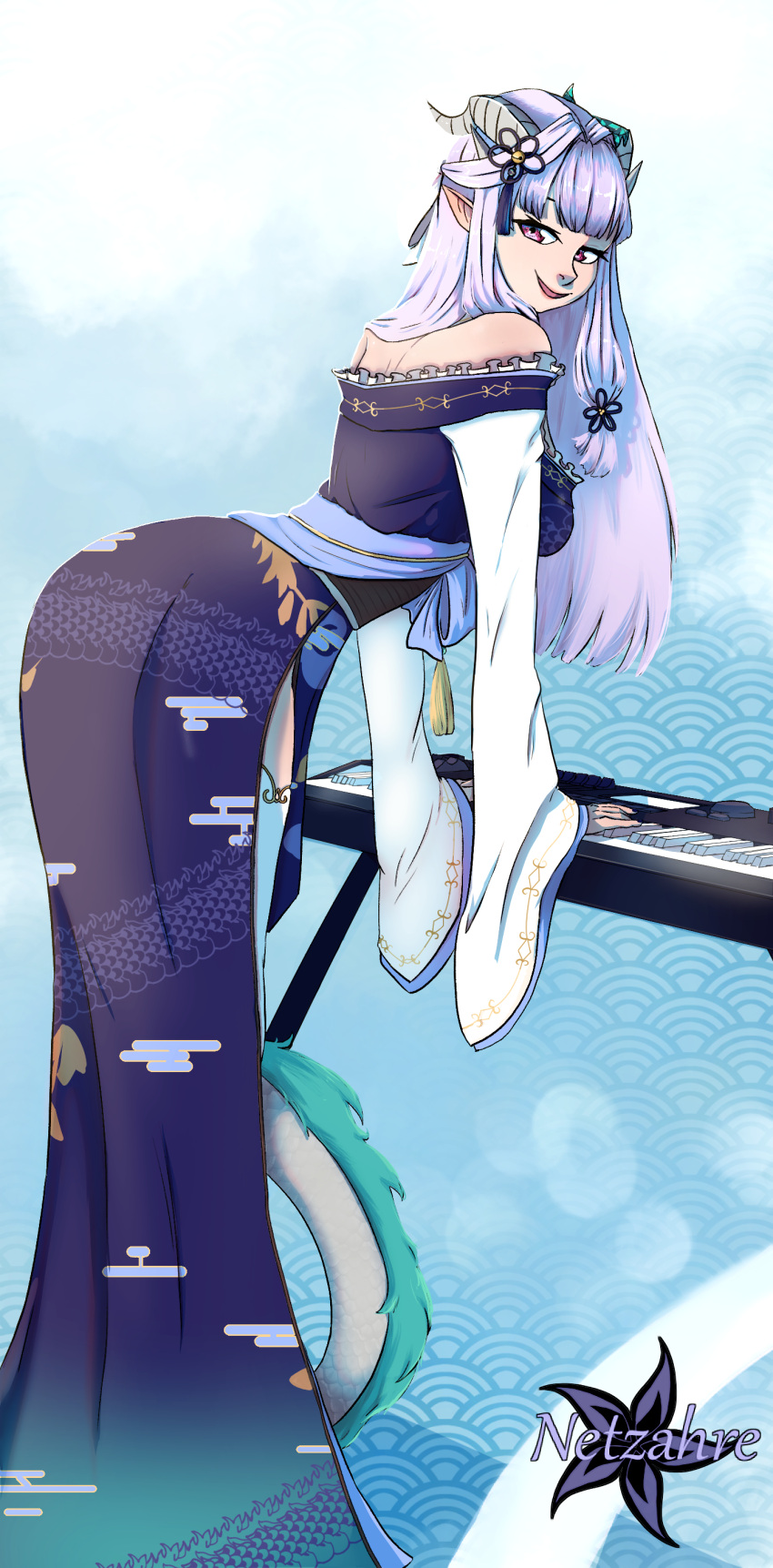 Safebooru - absurdres dragon dragon girl dragon horns dragon tail highres horn ornament horns ...