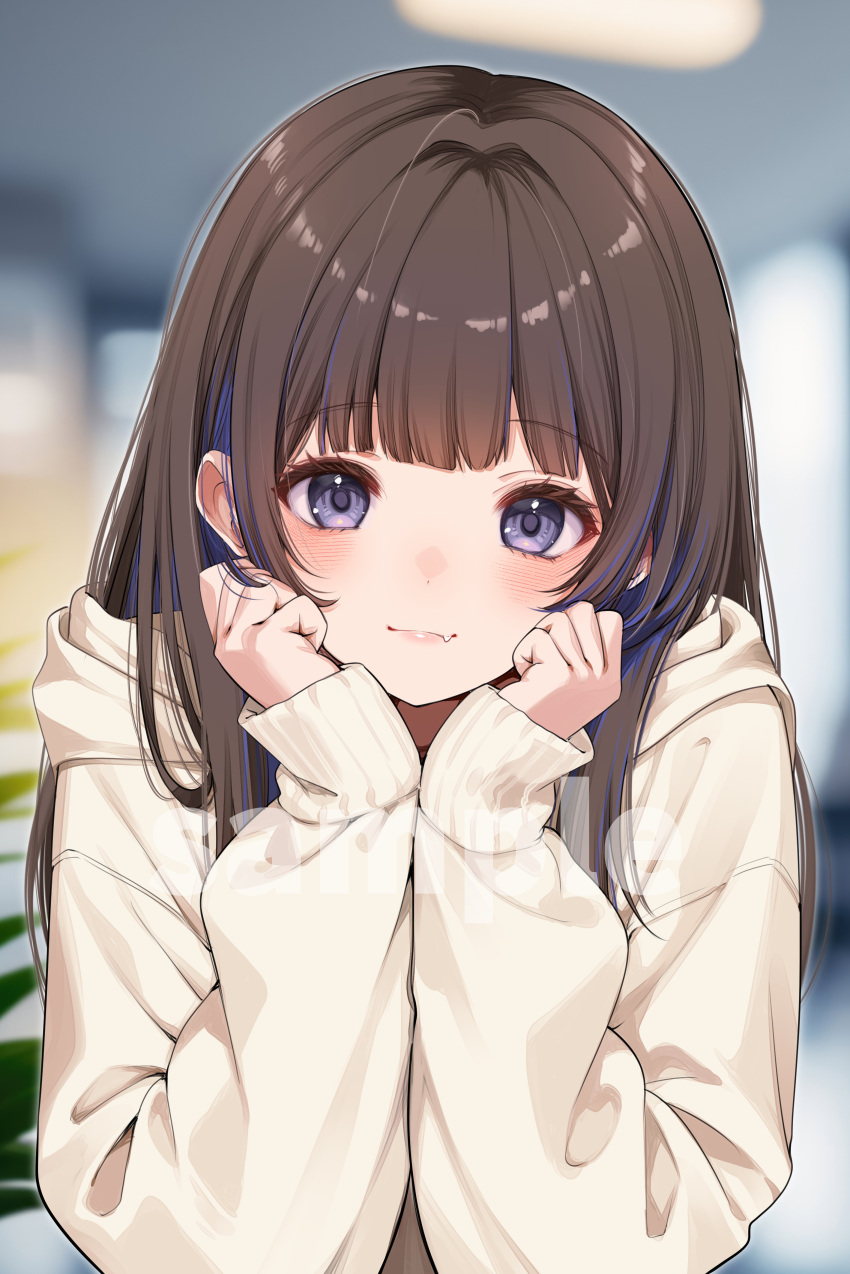 Safebooru - 1girl absurdres blue eyes blue streaks blurry blurry background blush brown hair ...