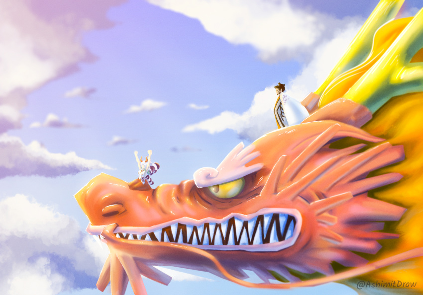 Safebooru - 1girl 2boys ashimit-draws black hair dragon highres horns ...