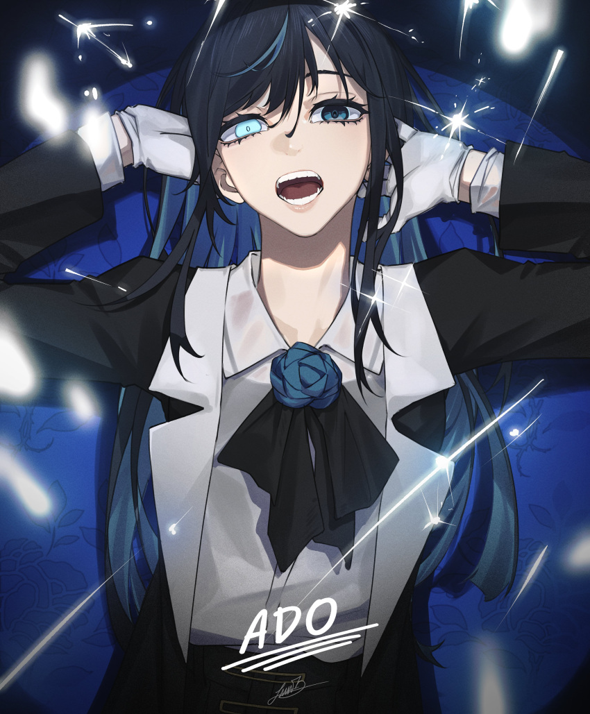 Safebooru - 1girl absurdres ado (utaite) black bow black bowtie black coat black hair blue eyes ...