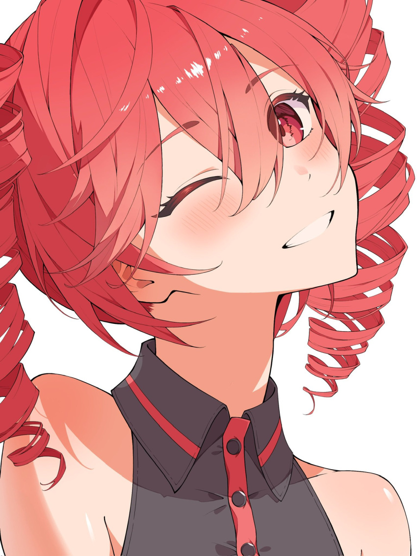 Safebooru - 1girl bare shoulders blush buttons closed eyes collarbone collared shirt drill hair ...