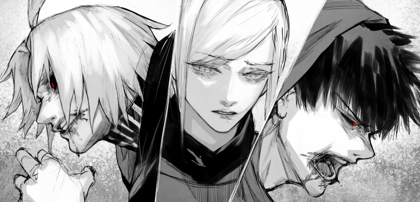 Safebooru - 1girl 2boys ahoge amon koutarou black cloak black hair black nails black sclera ...