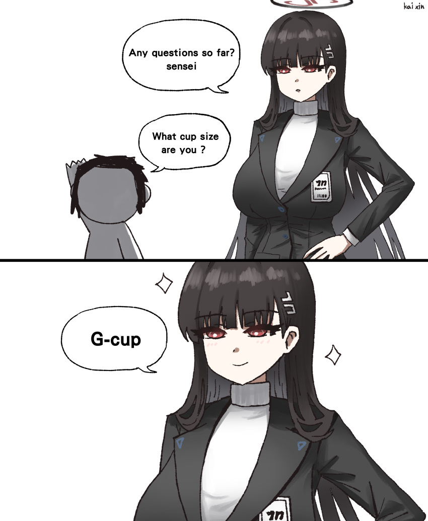 Safebooru - 1boy 1girl absurdres arms up black hair black halo black suit blue archive blunt ...