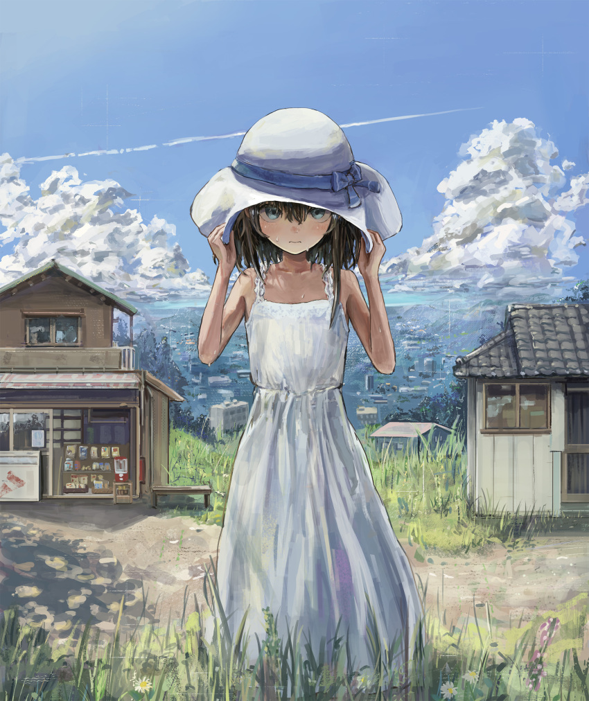 Safebooru - 1girl absurdres black hair blue bow blue ribbon bow building closed mouth clouds ...