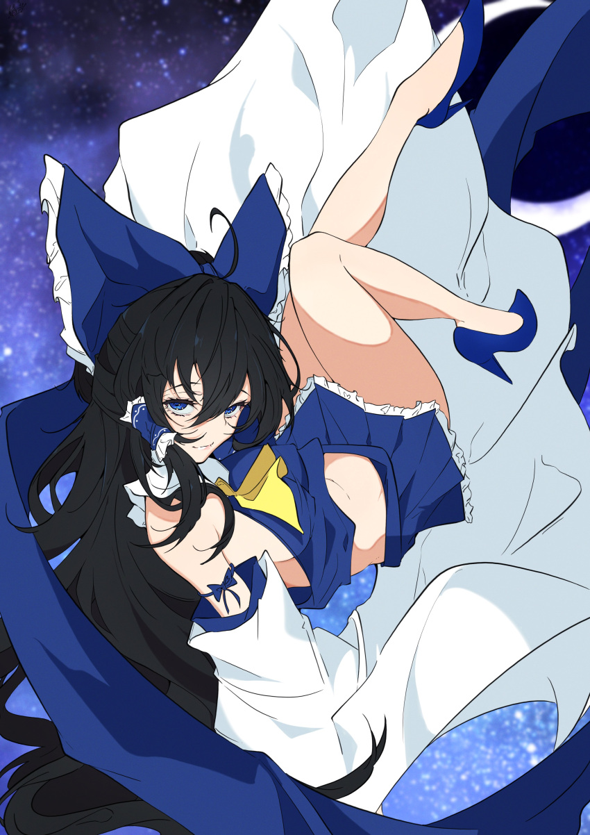 Safebooru - 1girl absurdres ahoge alternate color arm ribbon ascot bare shoulders black hair ...