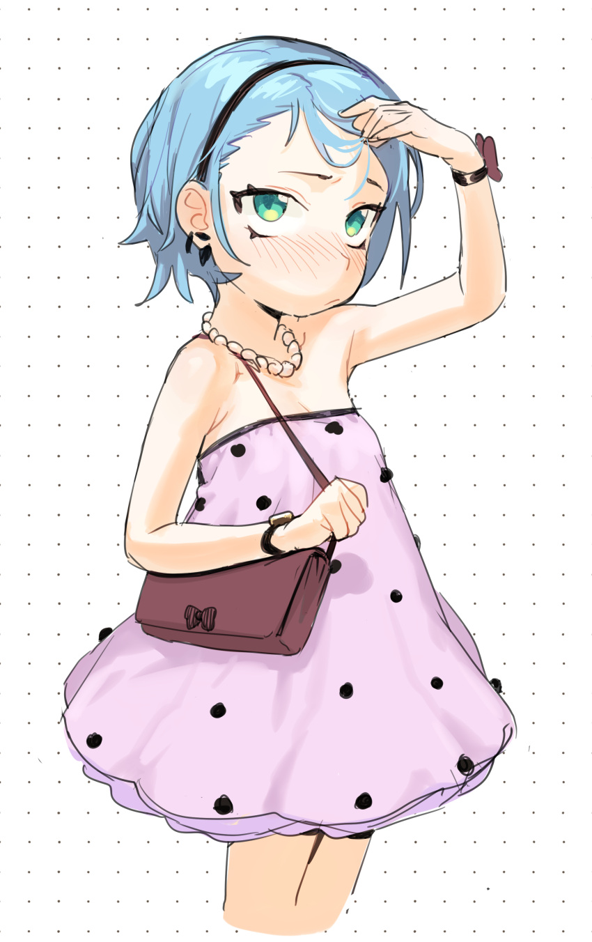 Safebooru - 1girl absurdres adjusting hair bag blue hair blush dress ear piercing erika (kusa ...