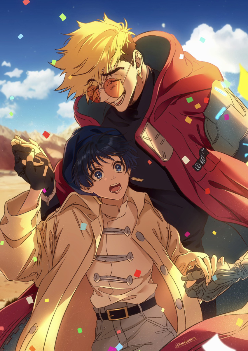 Safebooru - 1boy 1girl belt black belt blonde hair blue eyes blue hair blue sky clouds cloudy ...