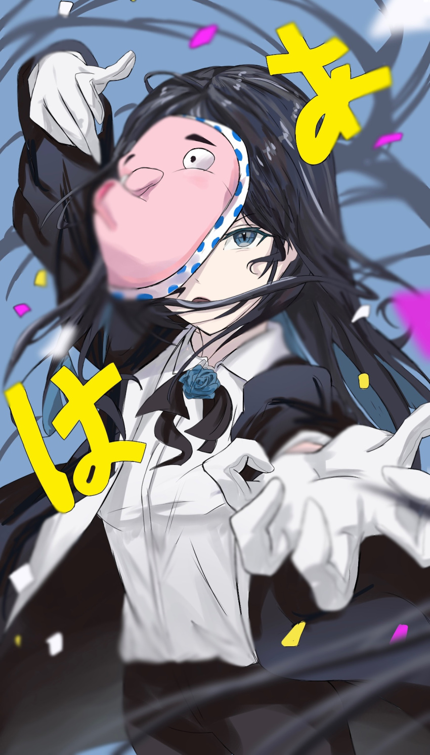 Safebooru - 1girl ado (utaite) black bow black bowtie black coat black hair black pants blue ...