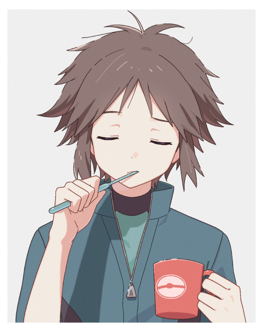 Safebooru - 1boy blue jacket brown hair closed eyes closed mouth cup grey background highres ...