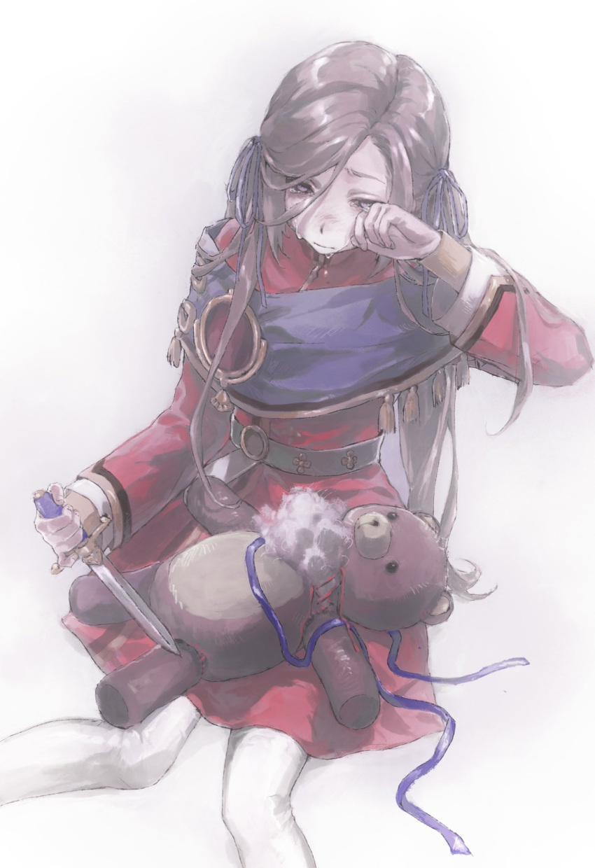 Safebooru - 1girl aged down brown hair closed mouth crying dagger dress ...