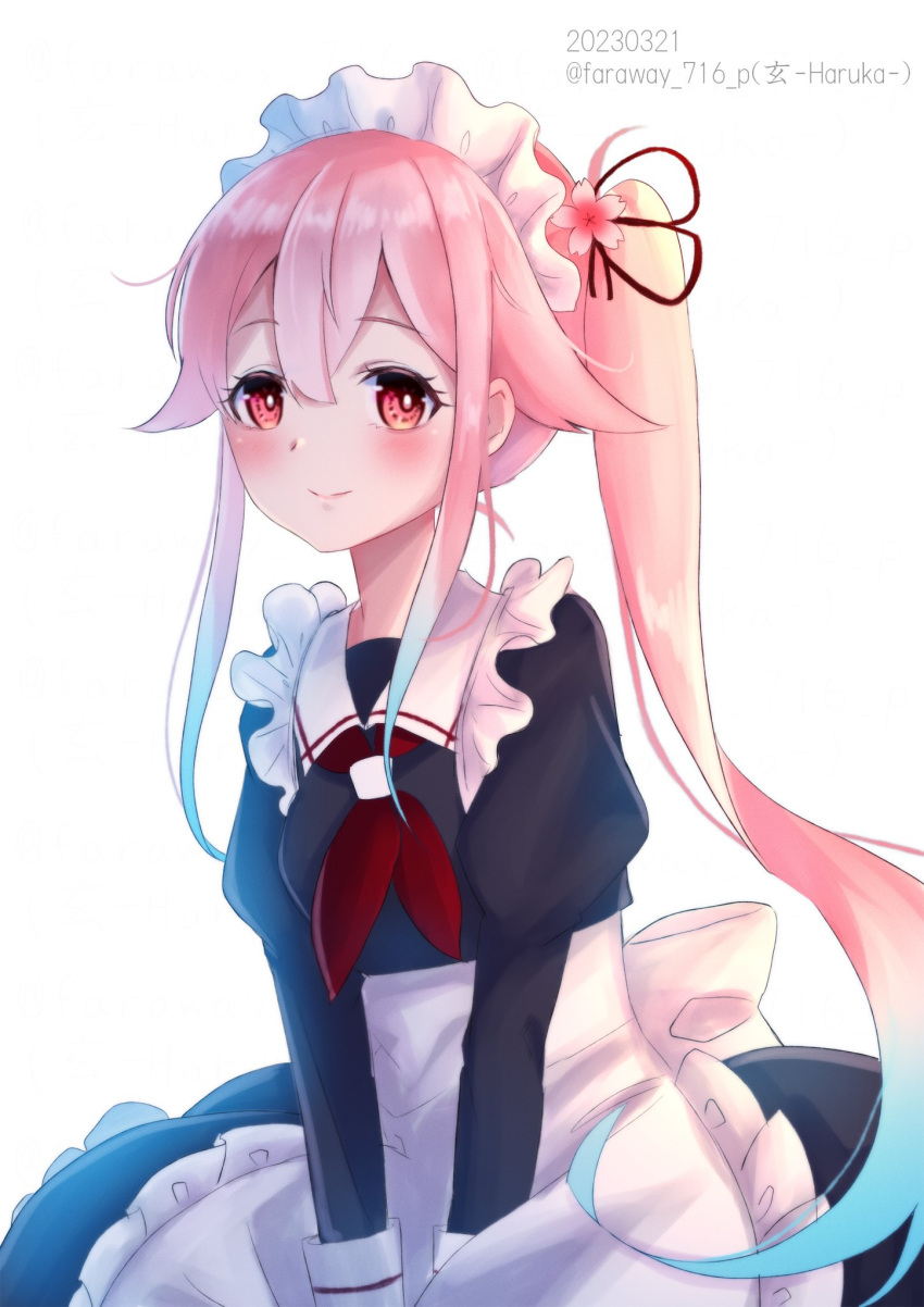 Safebooru - 1girl alternate costume apron black dress blue hair blush dated dress frilled apron ...