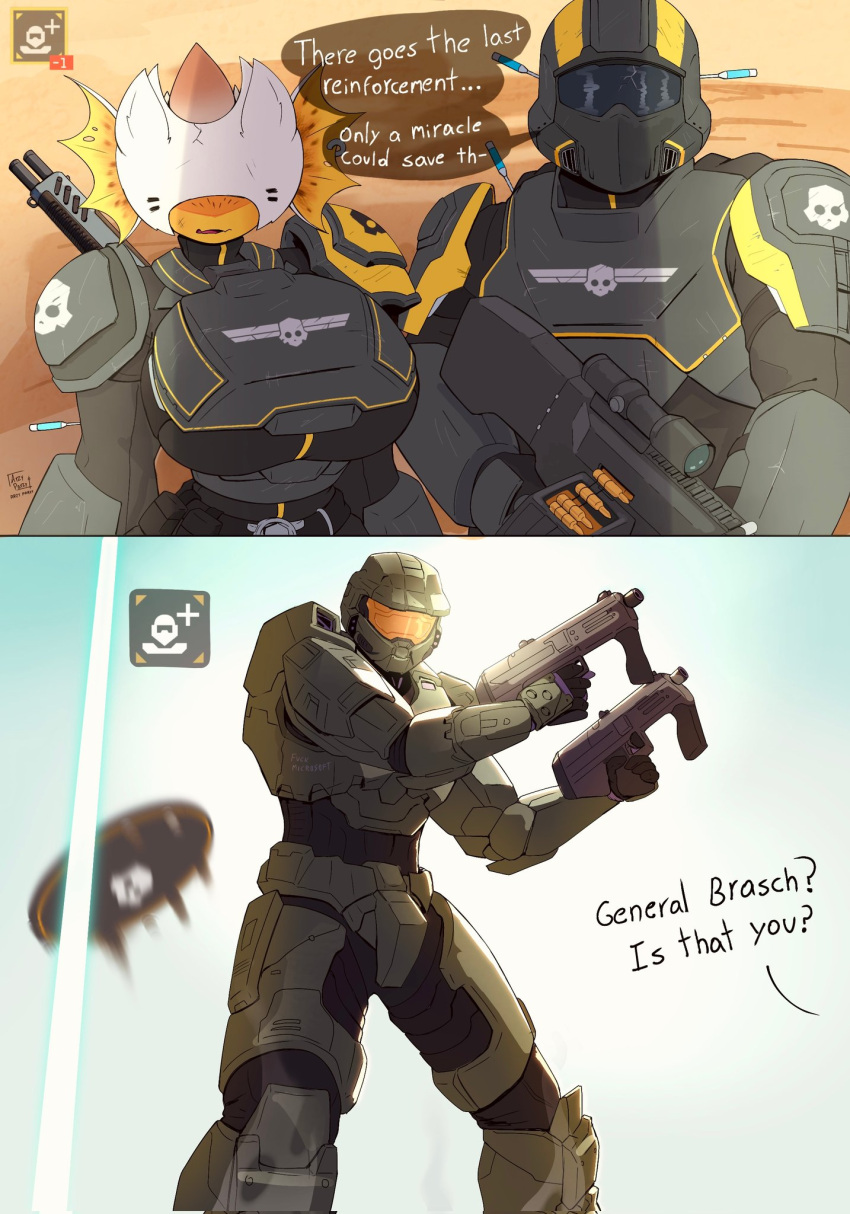 Safebooru - 1girl 2boys armor artist name arzyparzy blue sky breasts ...