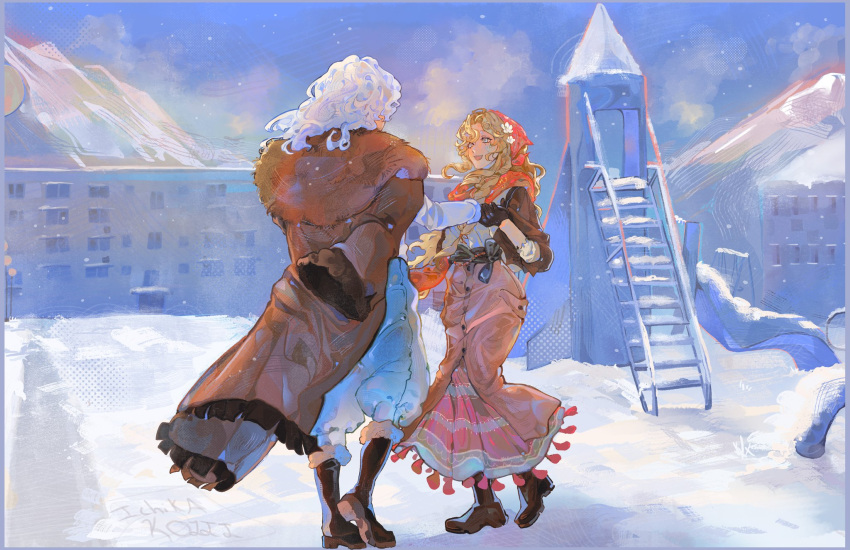Safebooru - 2girls :d black boots blonde hair blue eyes blue sky boots brown coat brown jacket ...