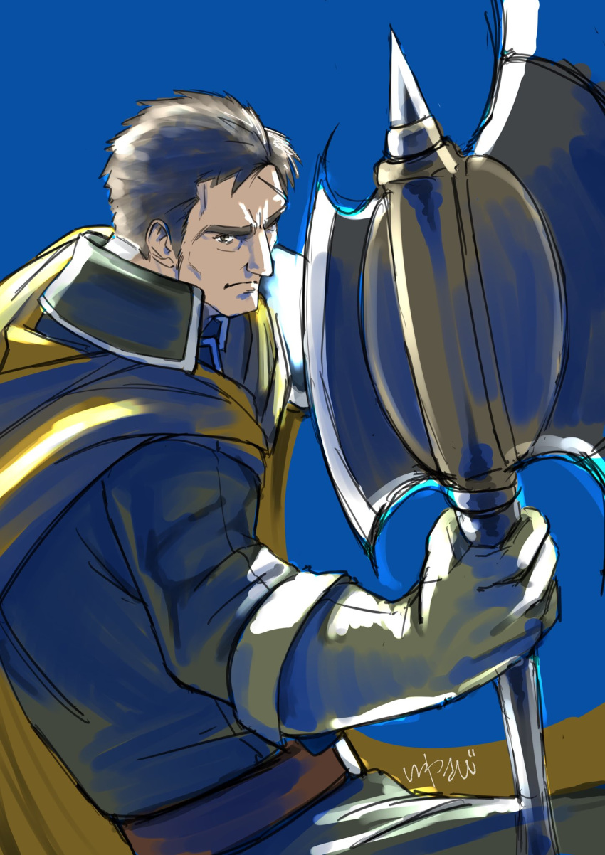Safebooru - 1boy axe battle axe blue background commentary request fire ...