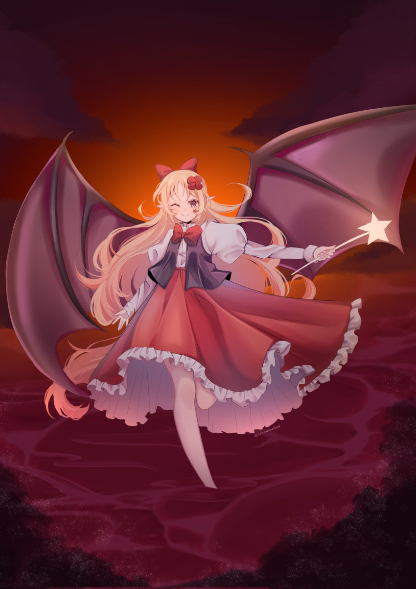 Safebooru - 1girl afloat artist name bat wings blonde hair bow echoneechan elis (touhou) facial ...